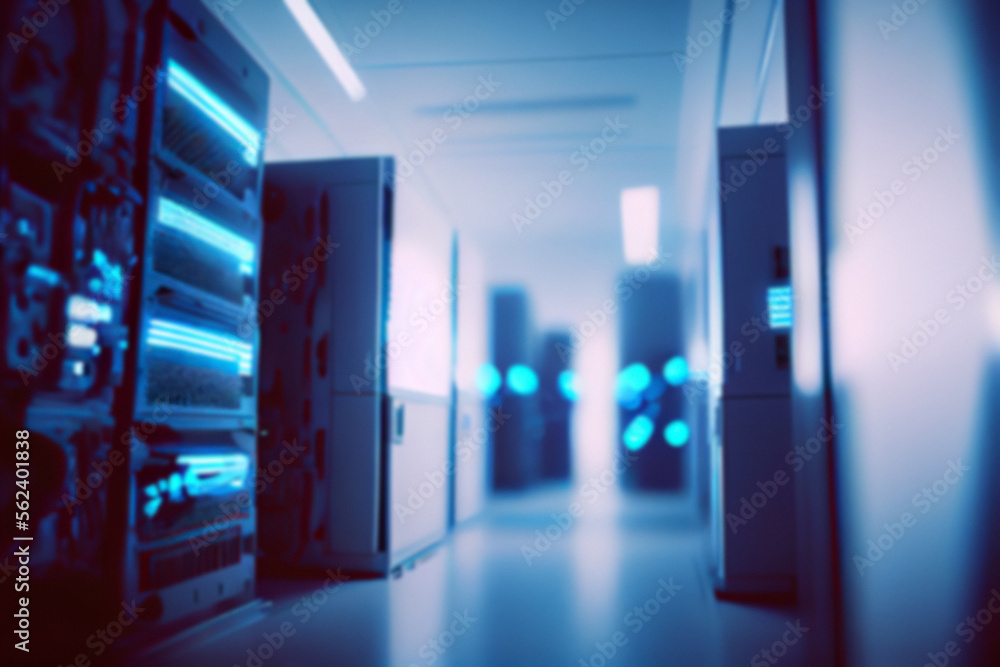 Blurred background of a futuristic interior of a computer server room ...