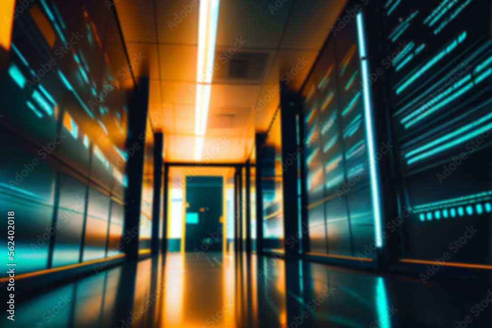 Blurred background of a futuristic interior of a computer server room ...