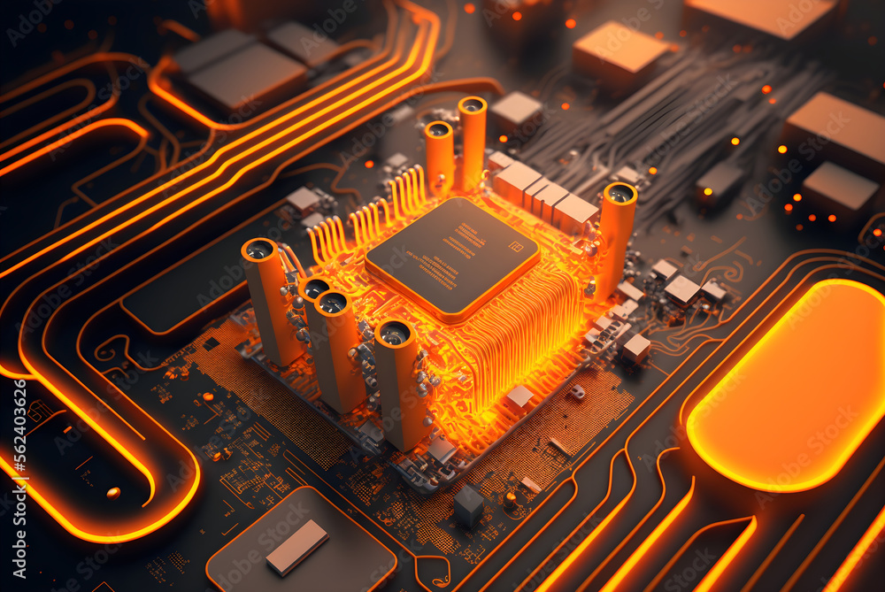 Motherboard circuit with CPU and glowing orange electric signals ...