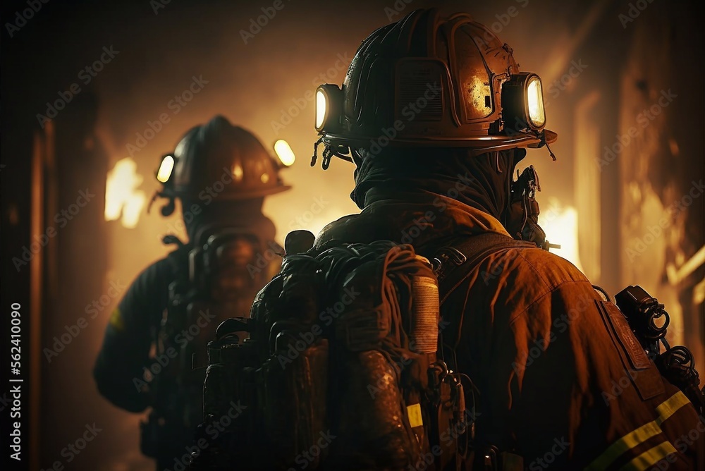 Team of firefighters fighting a fire, ai generated Stock Illustration ...