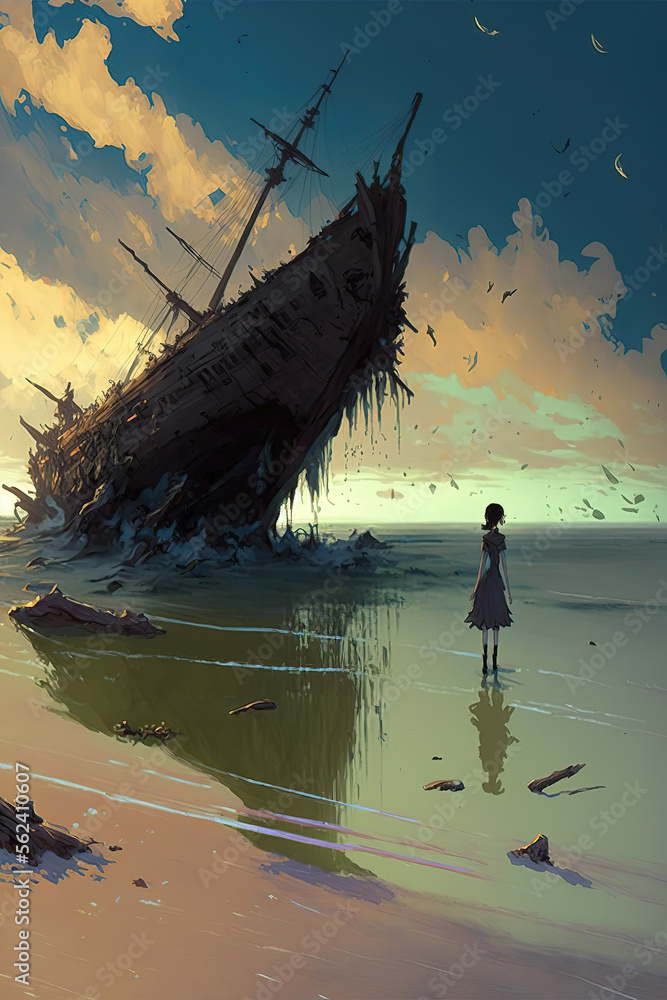 a lonely sad anime girl is standing of a destroyed ship, only memories ...