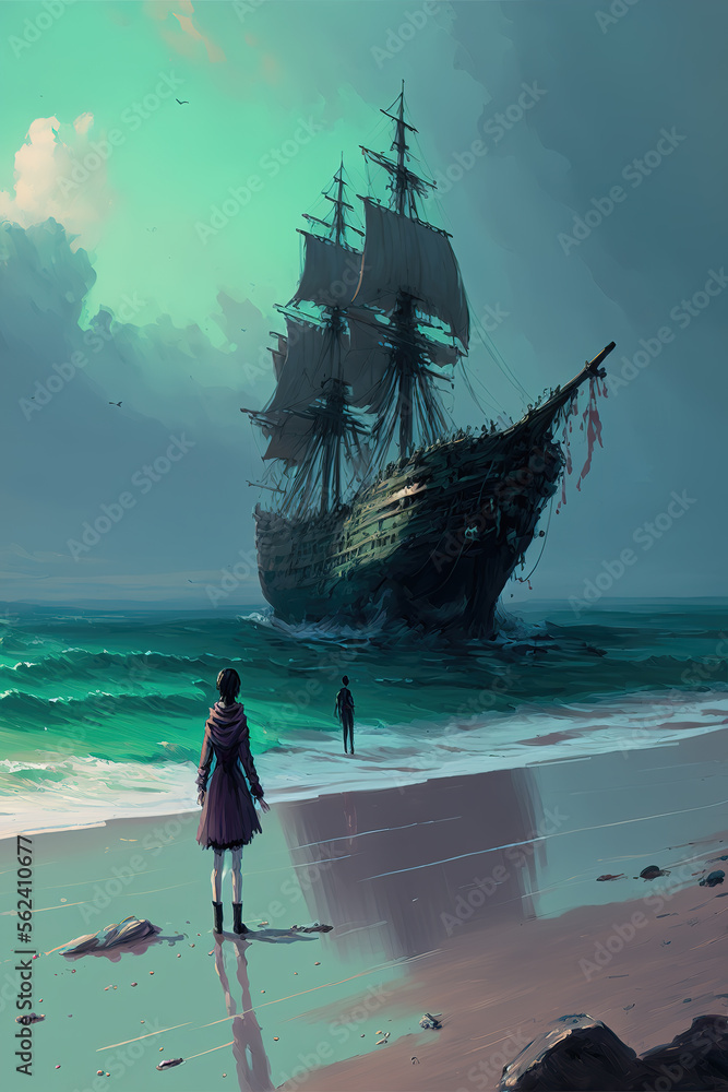 a young anime girl standing at the beach and waiting a ship to arrive ...