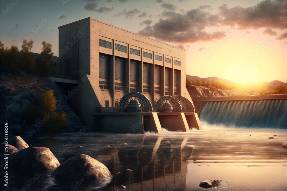 A dam with water flowing over it and hydroelectric turbines in the ...