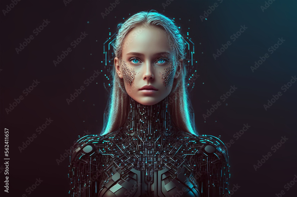 cyber girl humanoid with artificial intelligence with a calm face ...
