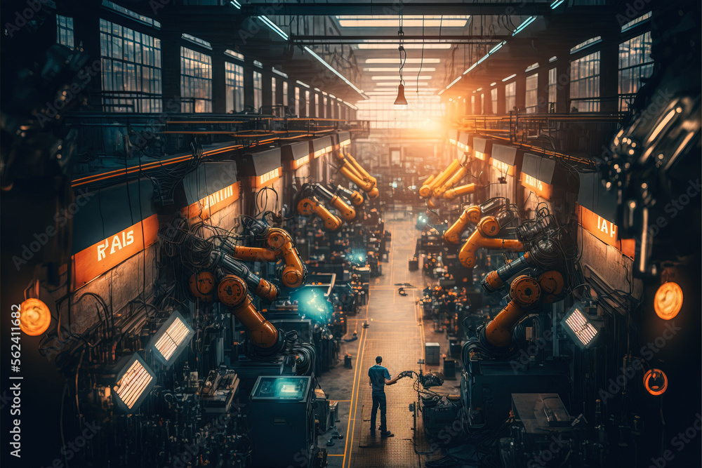 Top down view of factory floor with robotic arm assembly line ...