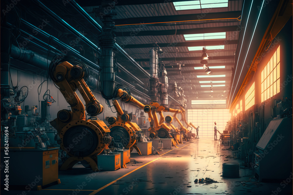 Inside of factory floor with robots assembly line. Industrial ...