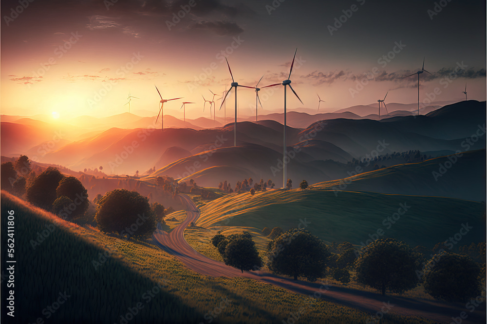A view of a wind farm with turbines generating electricity on a ...