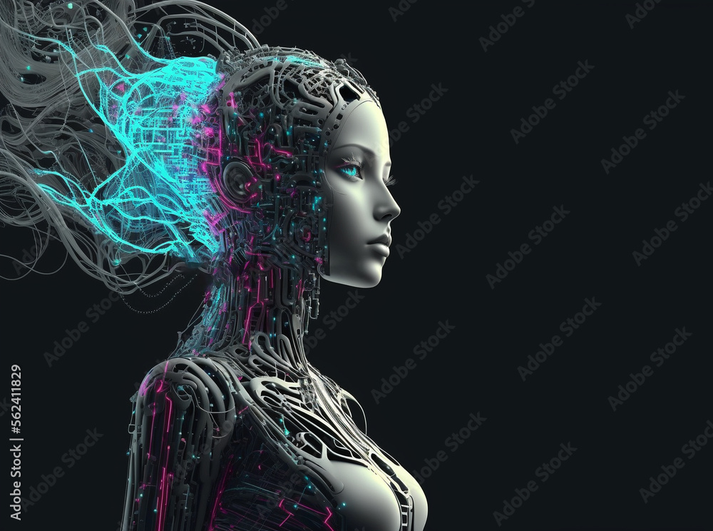 cyber girl humanoid with artificial intelligence with a calm face ...