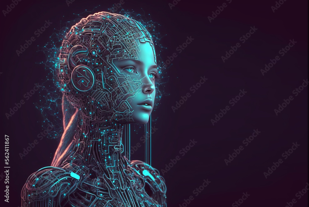 cyber girl humanoid with artificial intelligence with a calm face ...