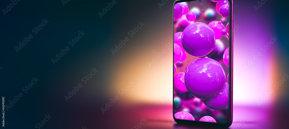 Mobile phone background with floating magenta spheres, cell phone ...