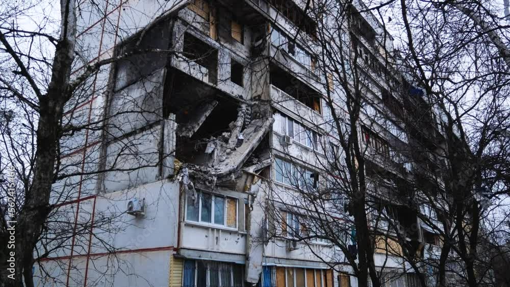 Video Stock Destroyed by a Russian shell or missile, a multi-storey ...