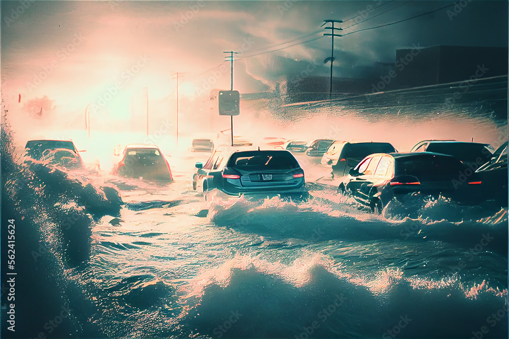 Driving on a flood theme with cars on a road full of water, generative ...