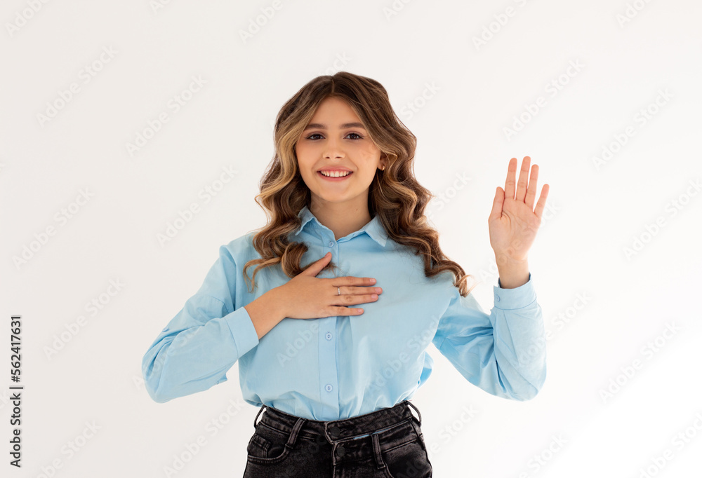 My name is. Smiling girl introduce herself, raising hand up and say ...