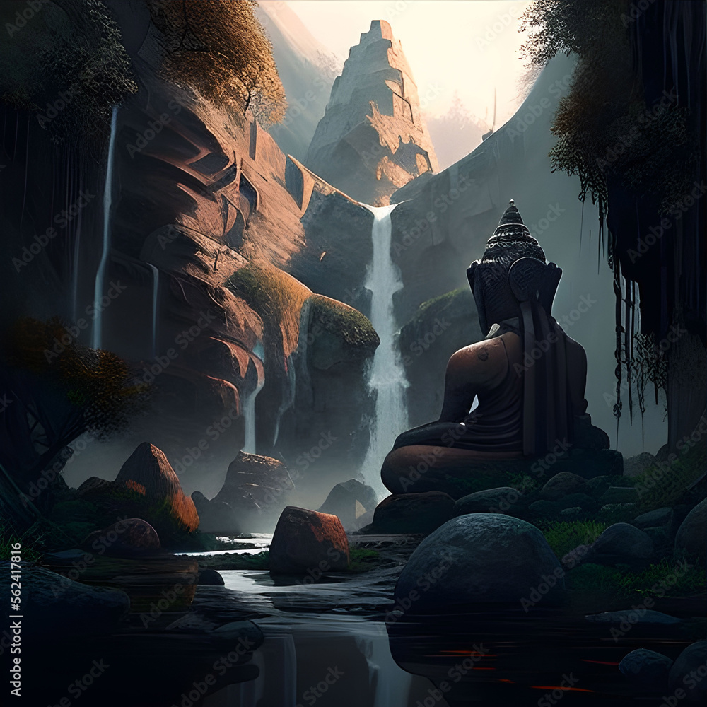 Waterfall Buddha Sitting Back. Generative AI. Buddhism Religion ...