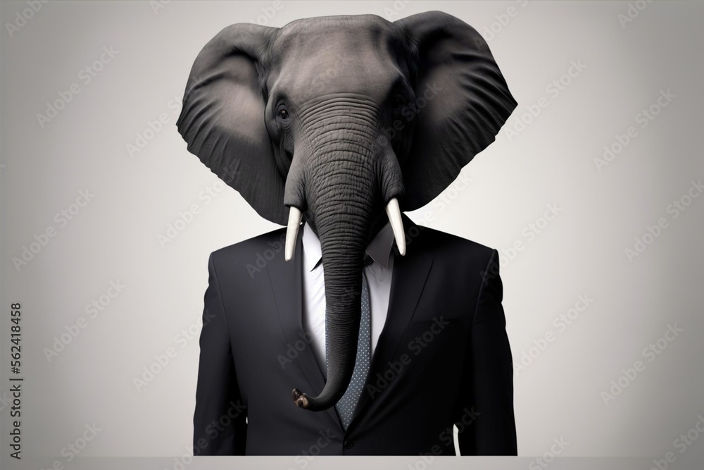 Isolated portrait of an elephant in a man's body wearing a suit and tie ...