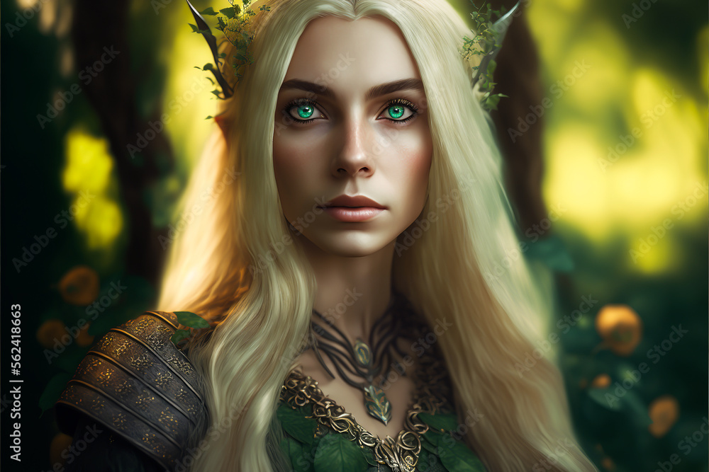 Female Elf with beautiful green eyes in a wood, Generative AI. Blonde ...