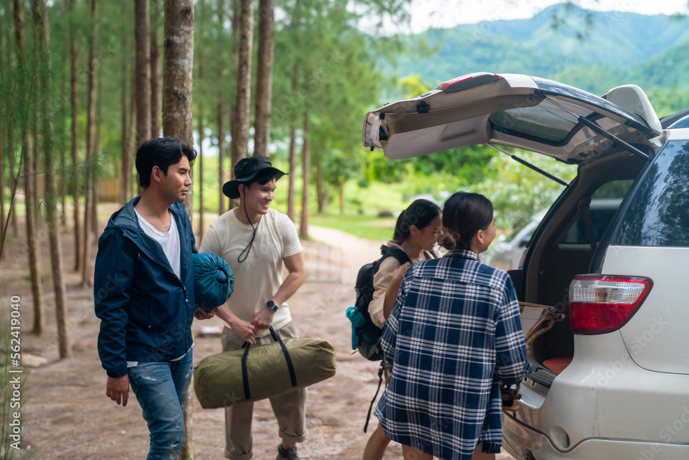 Group of Asian people friends enjoy outdoor lifestyle road trip and ...