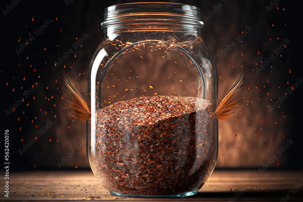 Glass jar filled with flax seeds is opened. Natural vitamins and ...