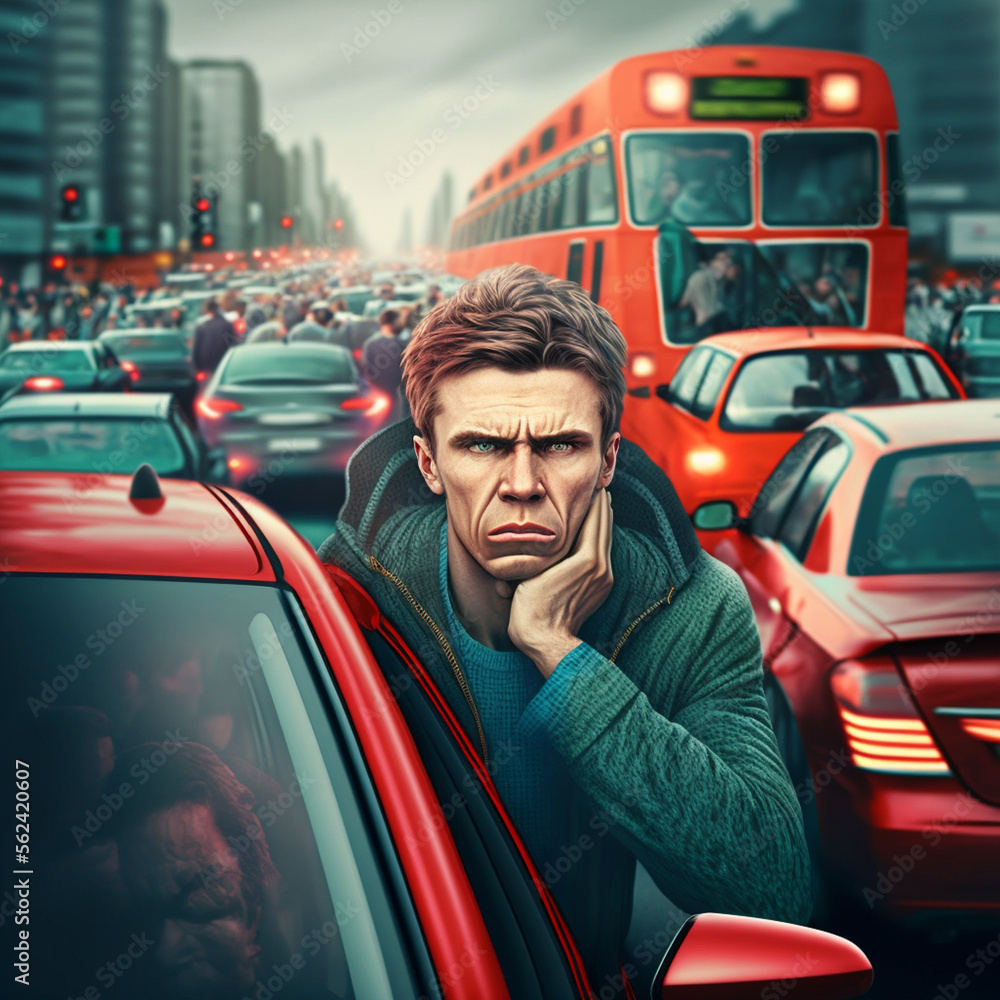 Mann steht genervt im Stau neben seinem Auto England / Großstadt ...