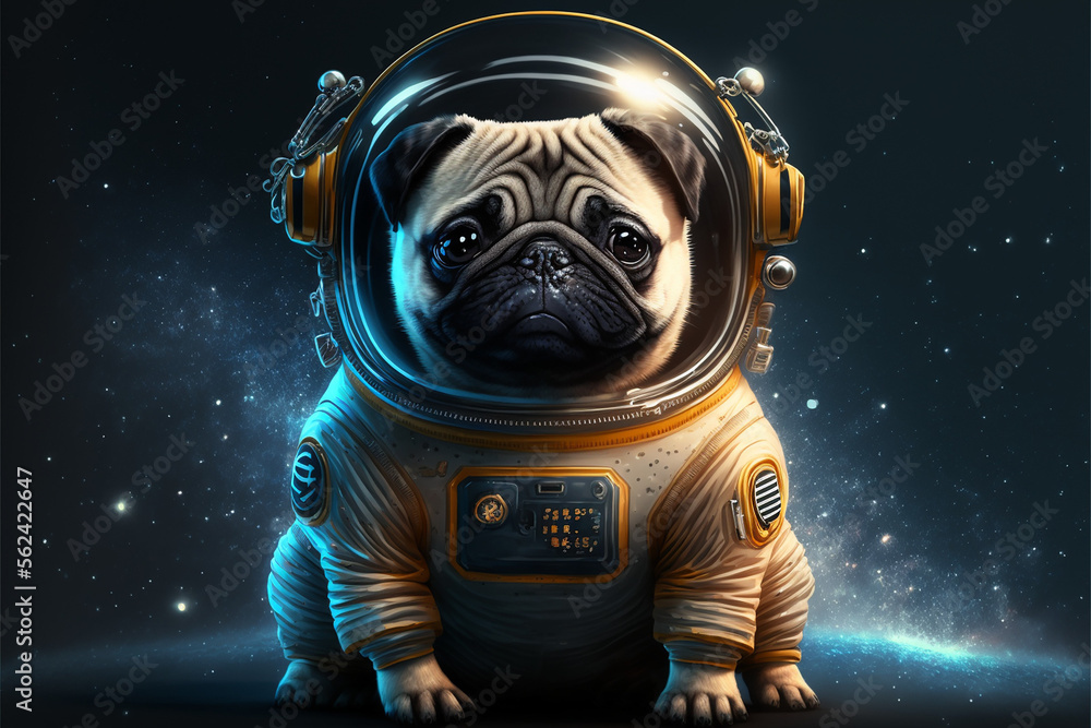Pug astronaut in space suit created with Generative AI Stock ...