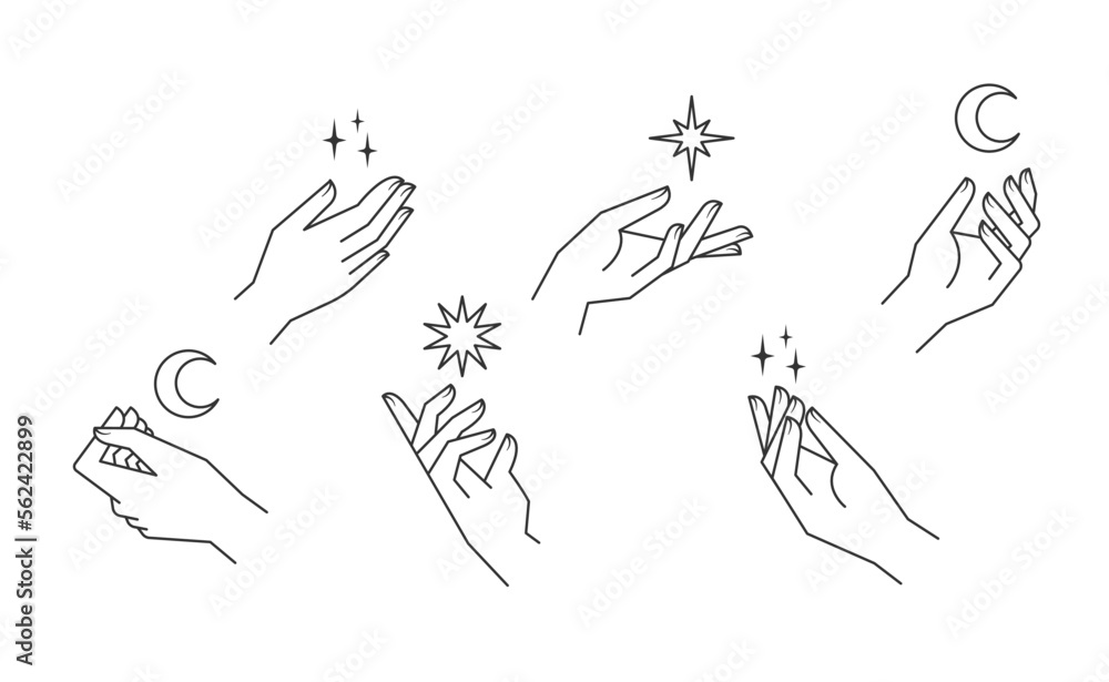 Aesthetic hands vector linear illustrations. Stylized elegant hand ...