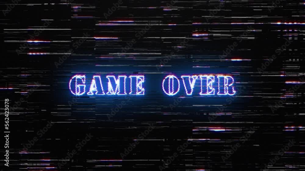 Game Over glitch neon blue text effect with silver flash flickering ...