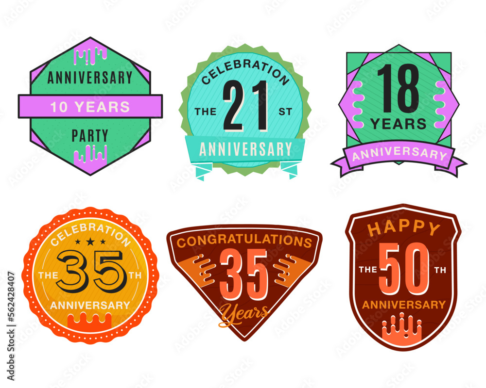 6 Anniversary Logo Templates Set. Wedding badges in flat modern style ...