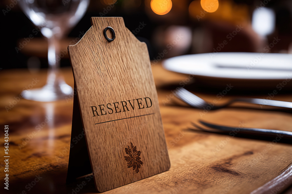 A luxury wooden tag of "Reserved" which is placed of the dinner table ...