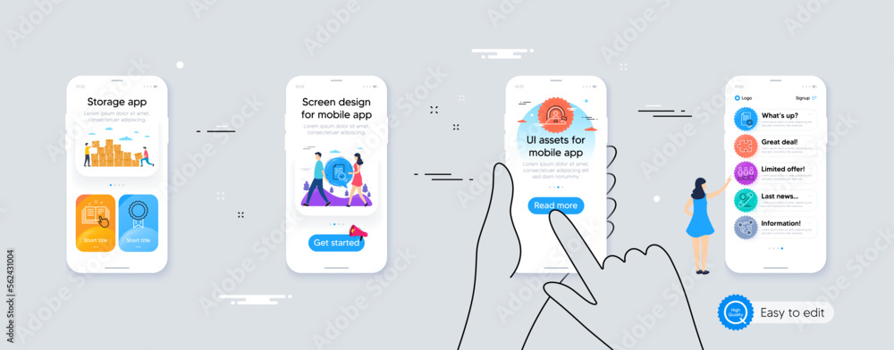 Edit, Video conference and Technical documentation line icons for ...