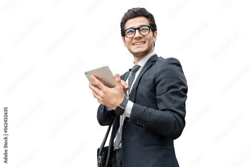 Manager formal suit using tablet running office isolated on a ...