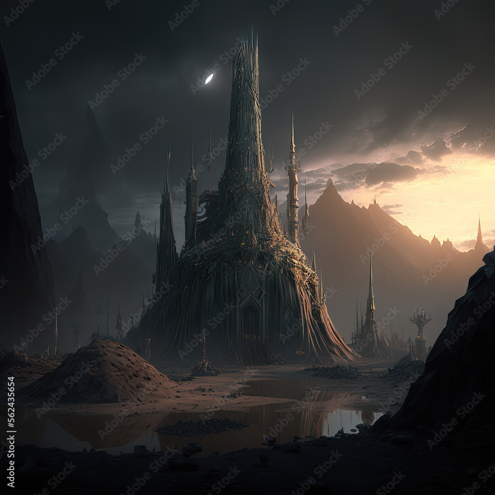 A sinister fantasy landscape taken from a nightmare. Big horror palace ...