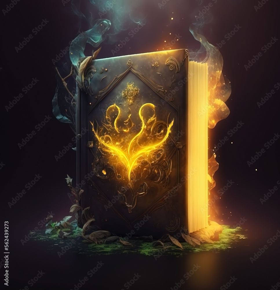 Medieval ancient thick leather book mock-up with yellow glowing smoke ...