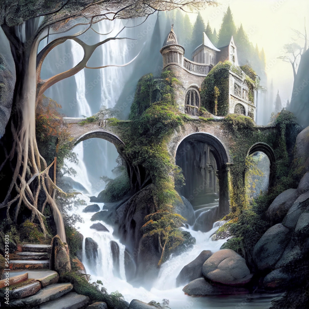 Rivendell, cascading creamy waterfalls, energy, river, leafy forest ...