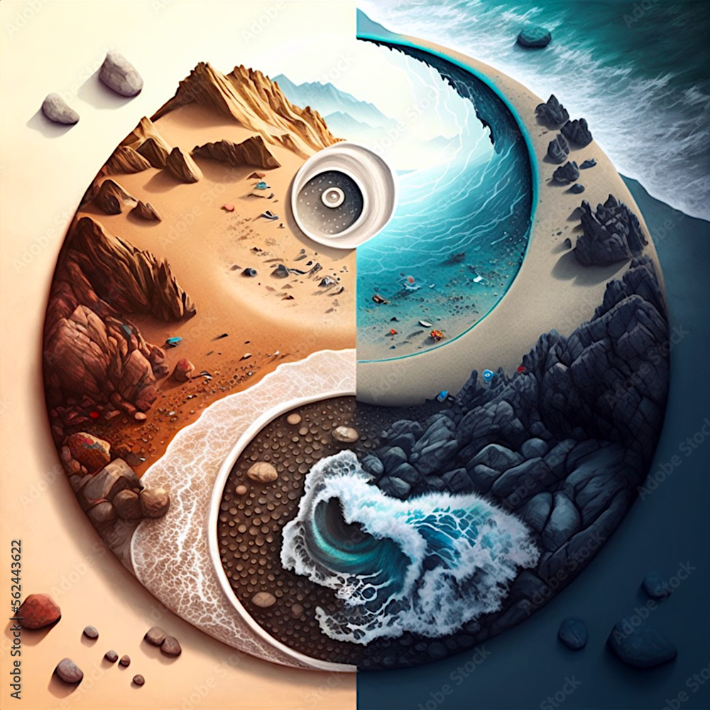 Yin yang design with mountains and sea or ocean. Concept of duality. Colorful tattoo or logo ...