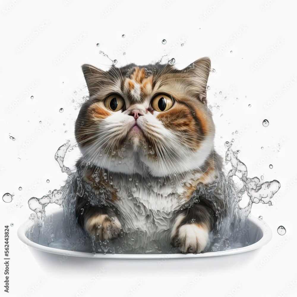 Funny illustration of surprised cat swimming, splashes of water around ...