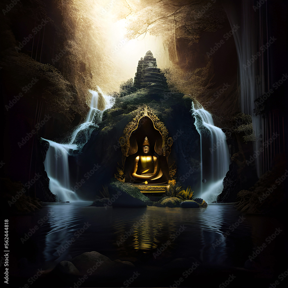 Gold Statue Buddha Waterfall Mountain. Generative AI. Buddhism Religion ...