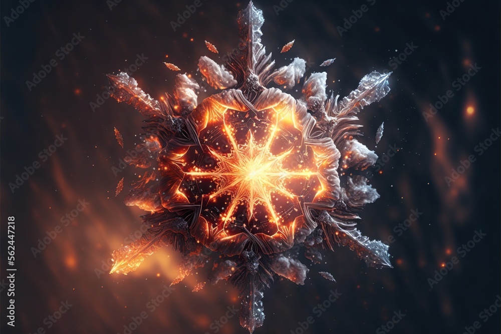 Snowflake as if with a flame, on a dark background, created using ...
