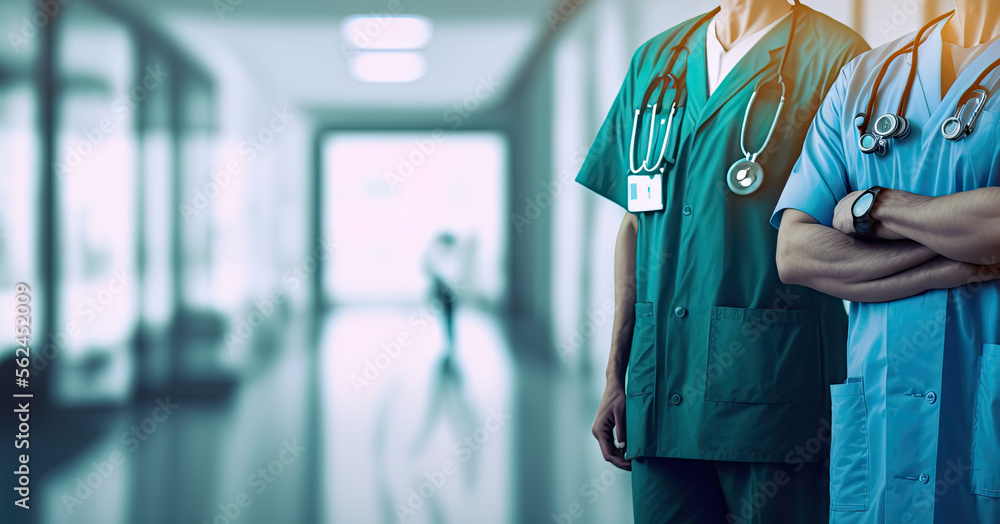 Standing doctor in front of blurred hospital interior background with ...