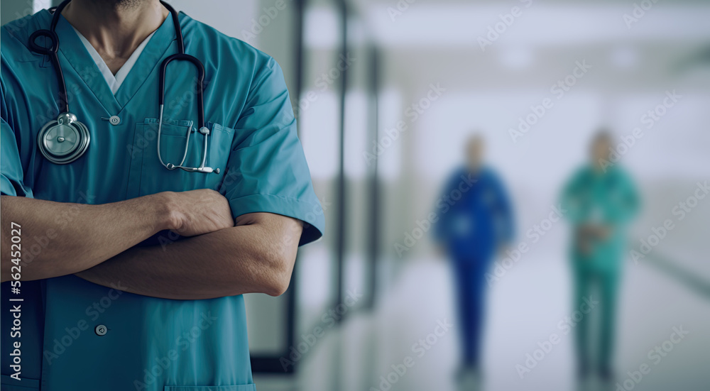 Standing doctor in front of blurred hospital interior background with ...
