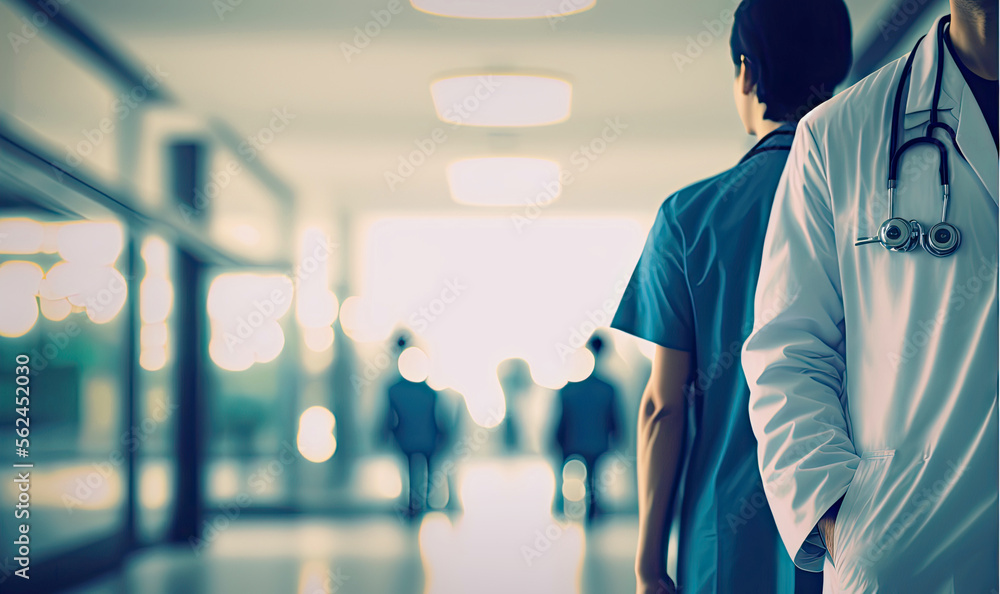 Standing doctor in front of blurred hospital interior background with copy space Stock ...