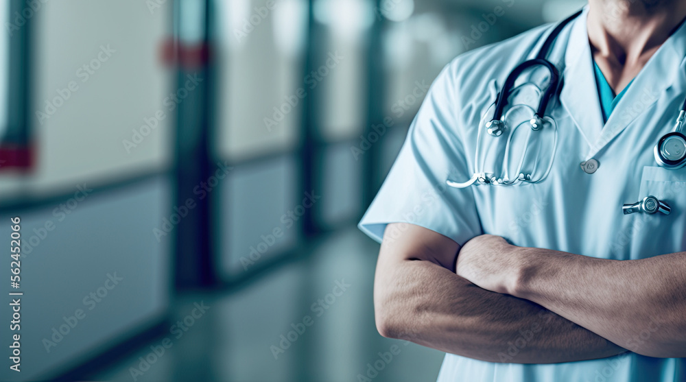 Standing doctor in front of blurred hospital interior background with ...