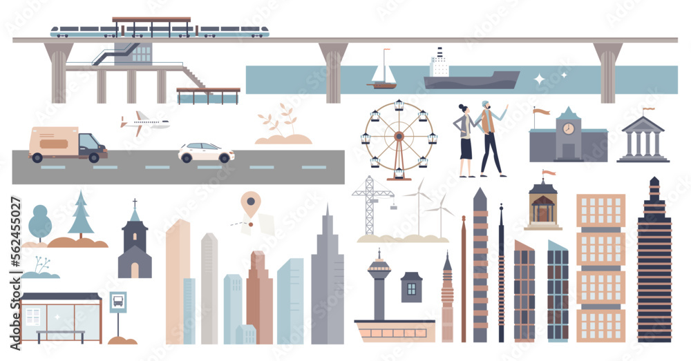 Infrastructure set with facilities and transportation elements tiny ...