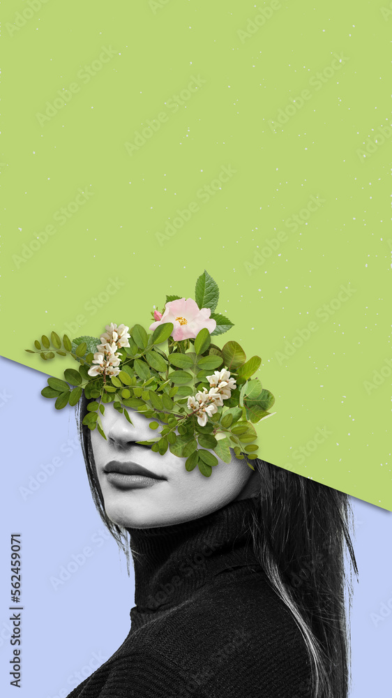 Contemporary art collage. Woman's head with flower. Concept of spring ...