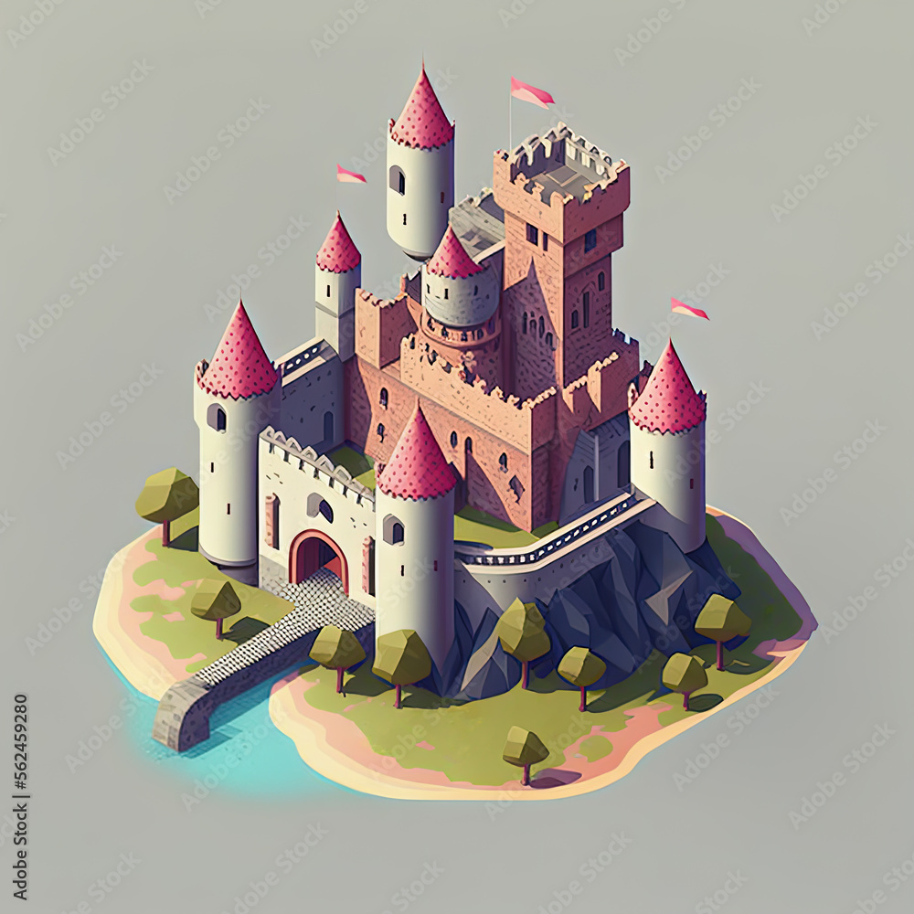 Cartoon isometric medieval castle with towers and gates, Generative AI ... Cartoon isometric medieval castle with towers and gates, Generative AI ...