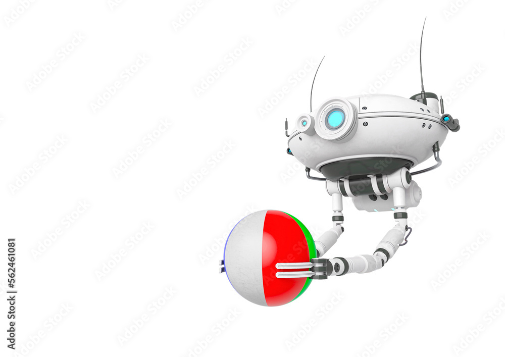 floating robot is holding a beach ball in white background side view ...