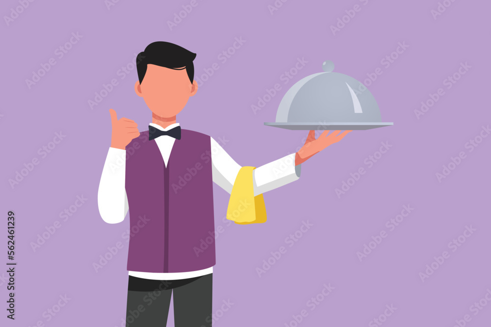 Graphic flat design drawing male waiter holding tray of delicious meals ...