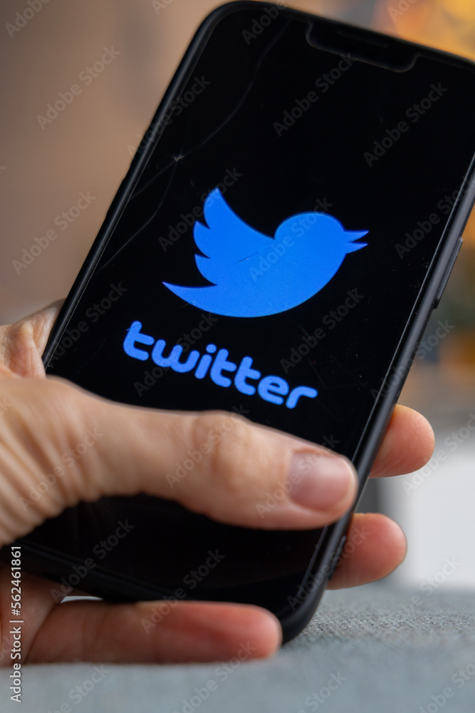 Hand holding a smartphone with Twitter icon on screen. Blue bird and ...