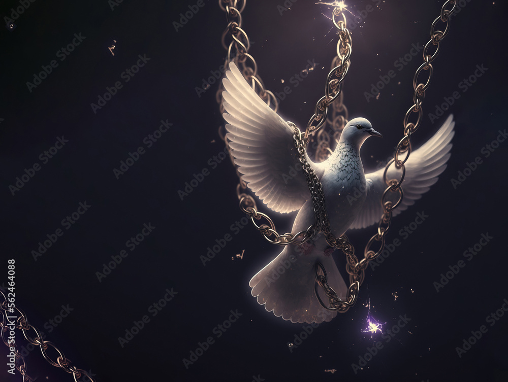 beautiful peace white dove flying to get released out of a chain ...