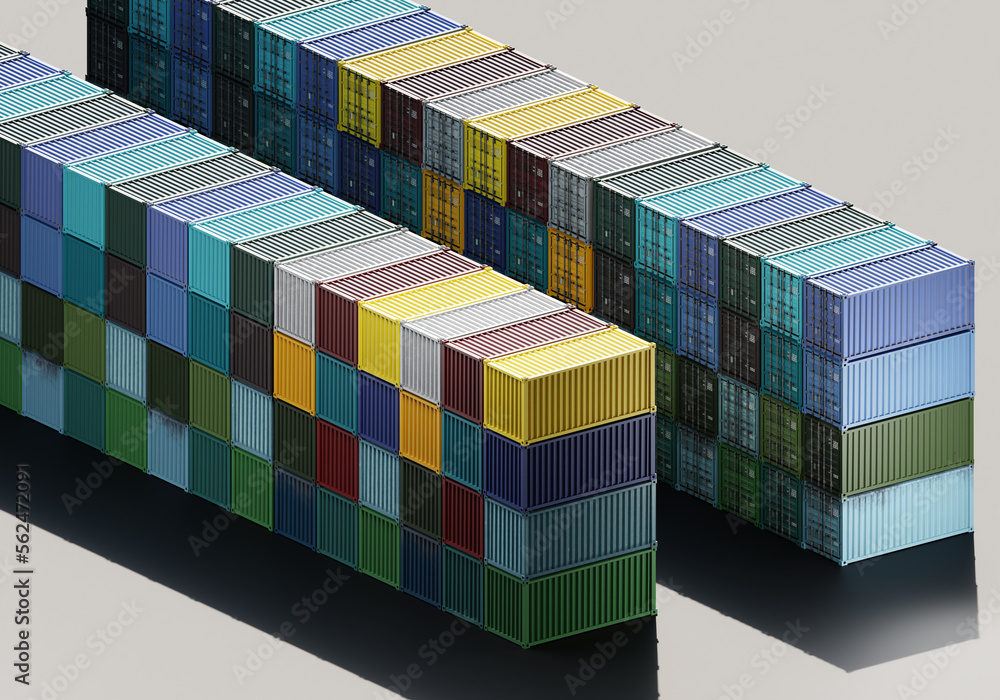 Sea containers. Multi-colored cargo tare on top each other. Two rows of ...