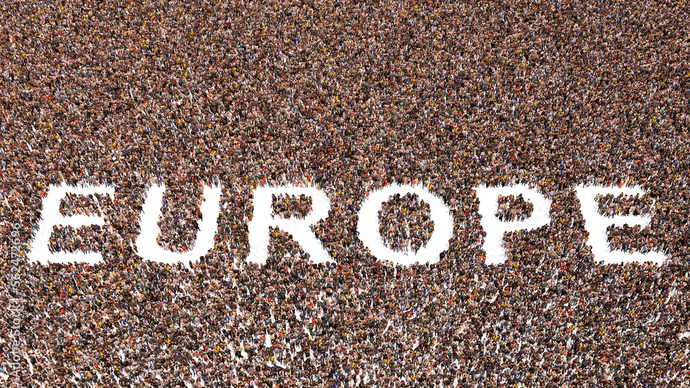 Concept or conceptual large community of people forming EUROPE word. 3d ...